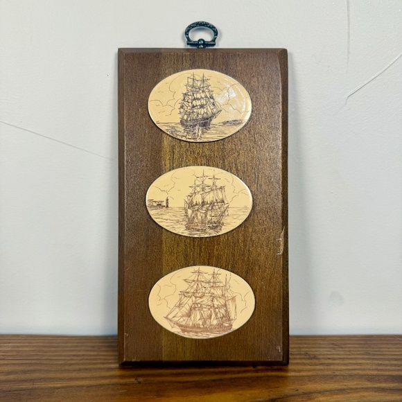 Art | Vintage Nautical Ship Plaque Wood Wall Art With Etched Tall Ships ...